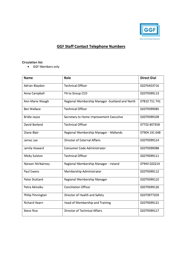 GGF Staff Contact Telephone Numbers