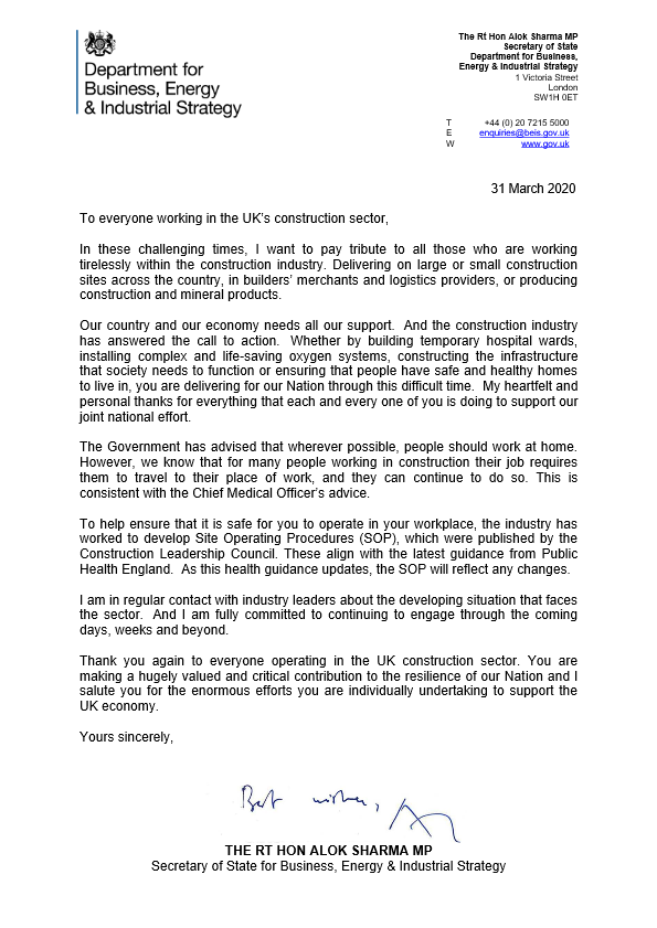 Secretary of State Letter to UK Construction Industry